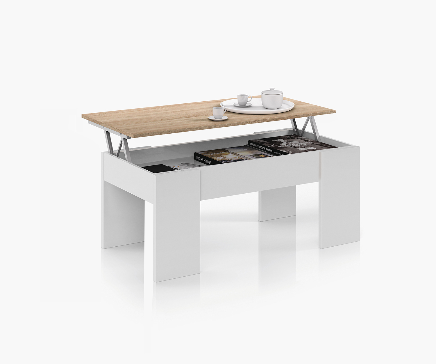 Mesa de centro elevable blanco mate y roble canadian | Rapimueble